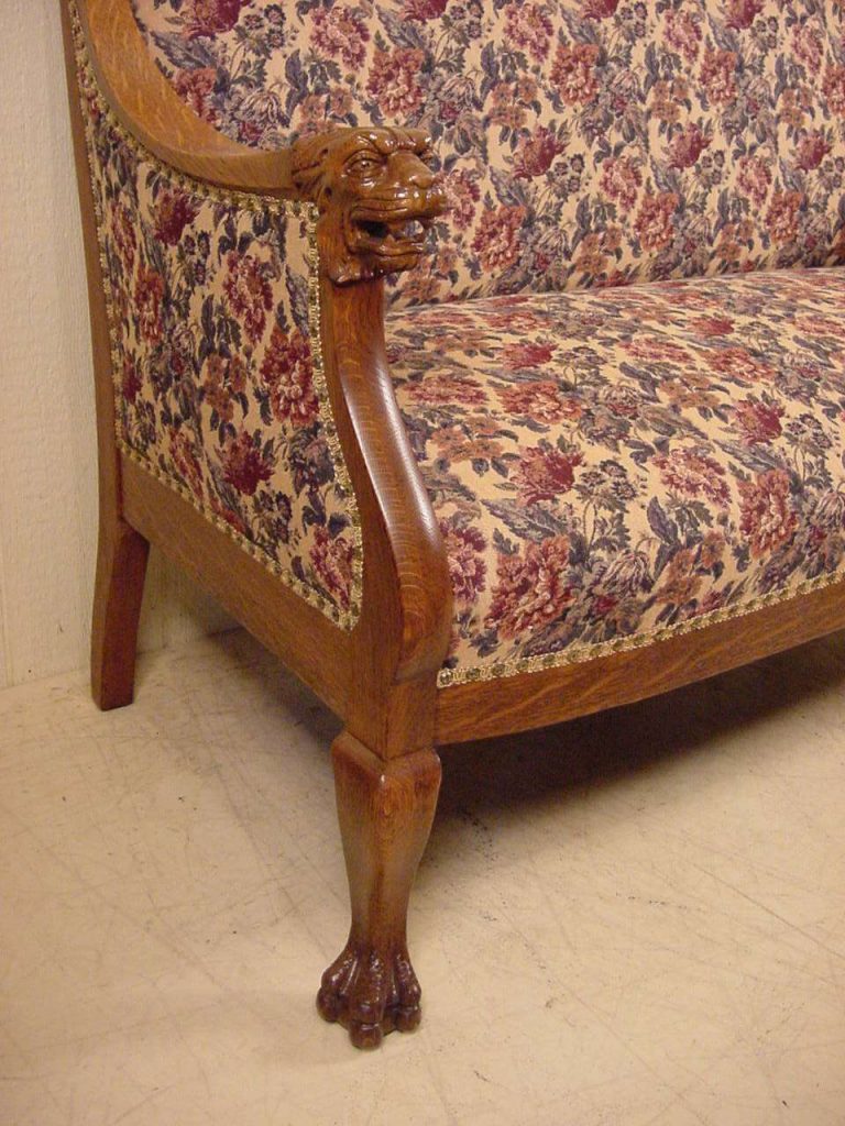 Rare Oak Settee with lion heads and claw feet - Doug Schmitt Antiques