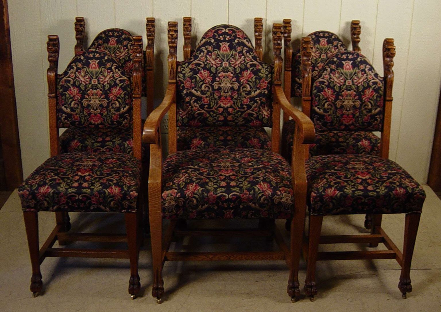 Set of 6 Upholstered Oak Dining Chairs with carved lion heads - Doug ...
