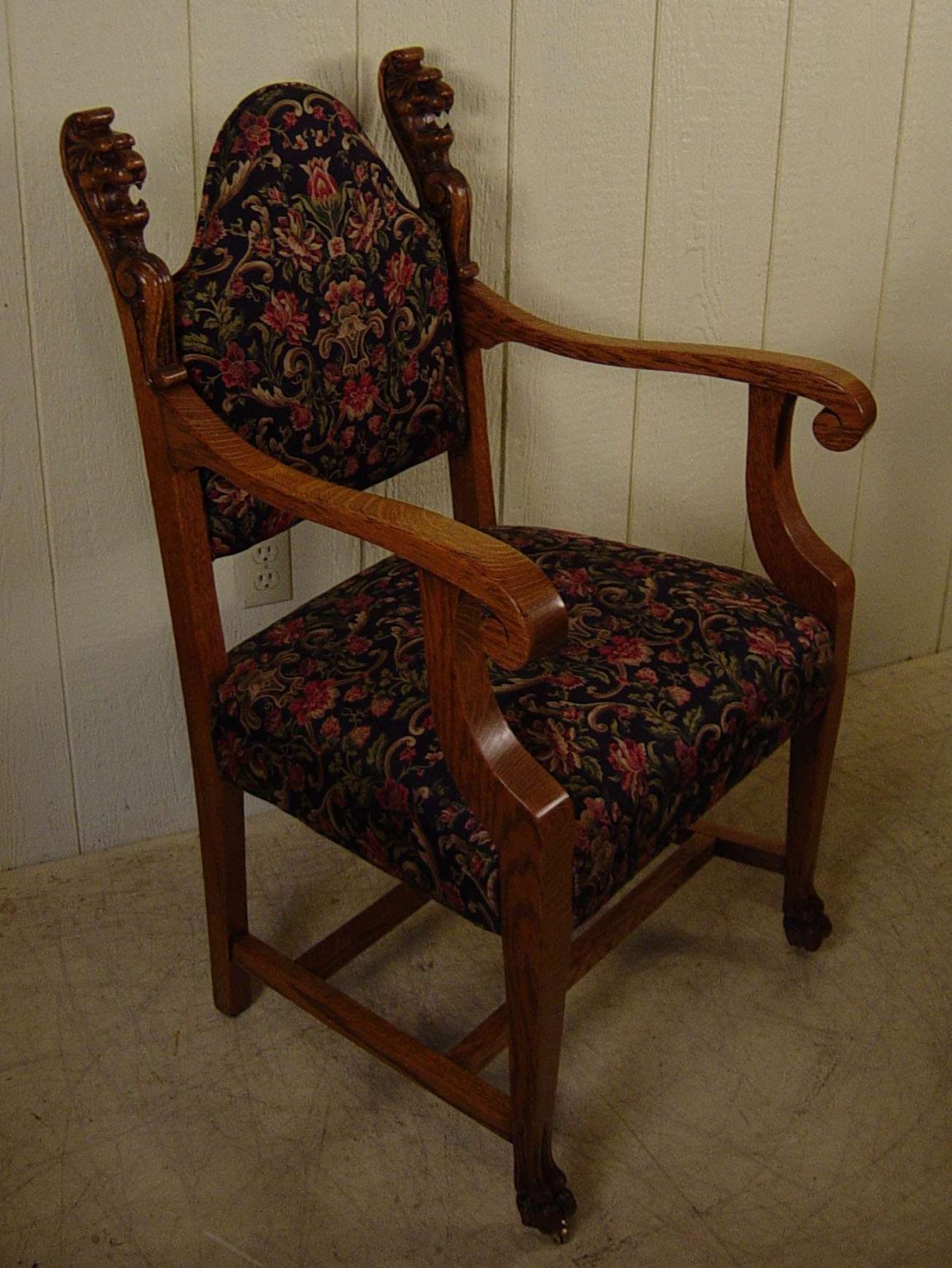 Set of 6 Upholstered Oak Dining Chairs with carved lion heads - Doug ...