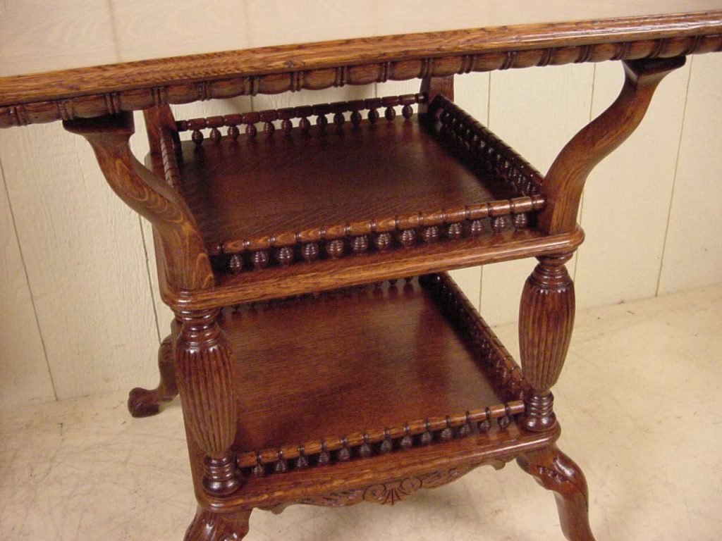 3 Tier Oak Lamp Table w/ stick and ball gallery - Doug Schmitt Antiques