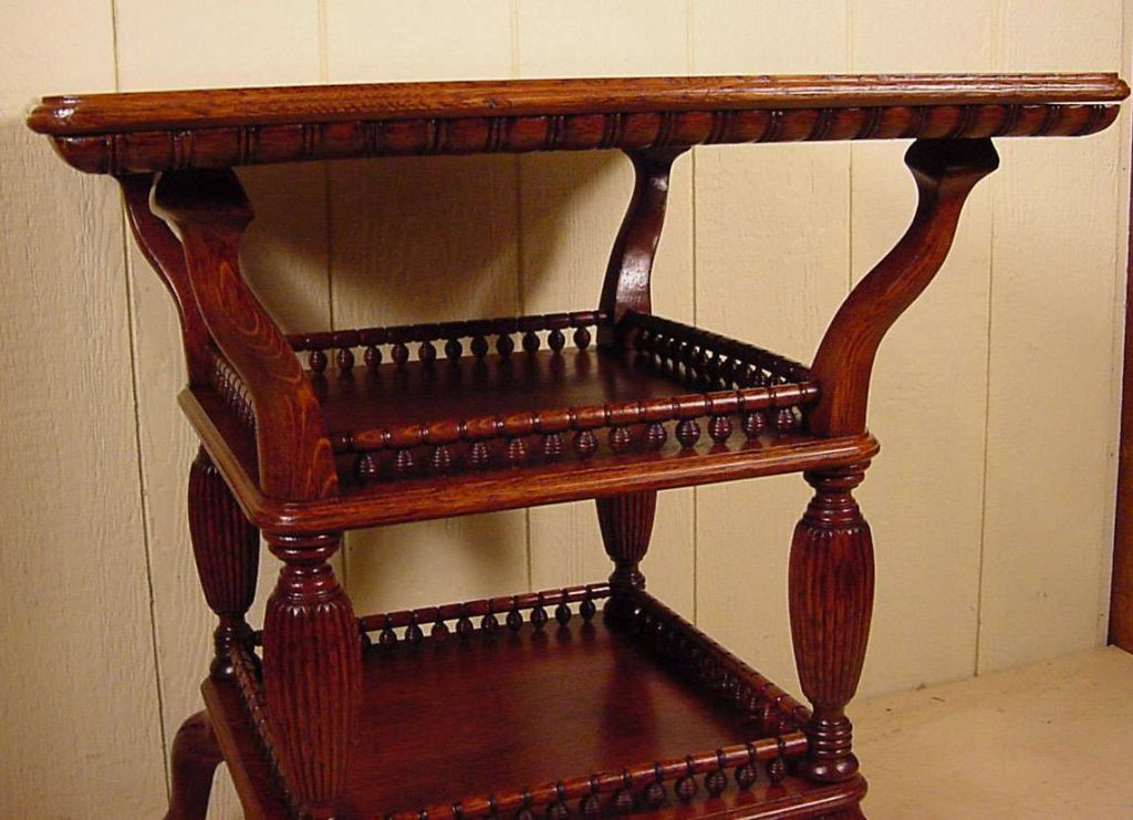 3 Tier Oak Lamp Table w/ stick and ball gallery - Doug Schmitt Antiques