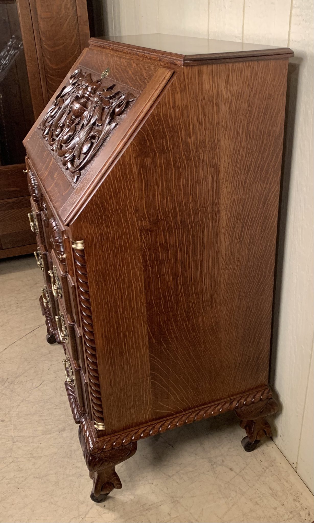 Exceptional Quality Carved Oak Drop Front Desk - Doug Schmitt Antiques