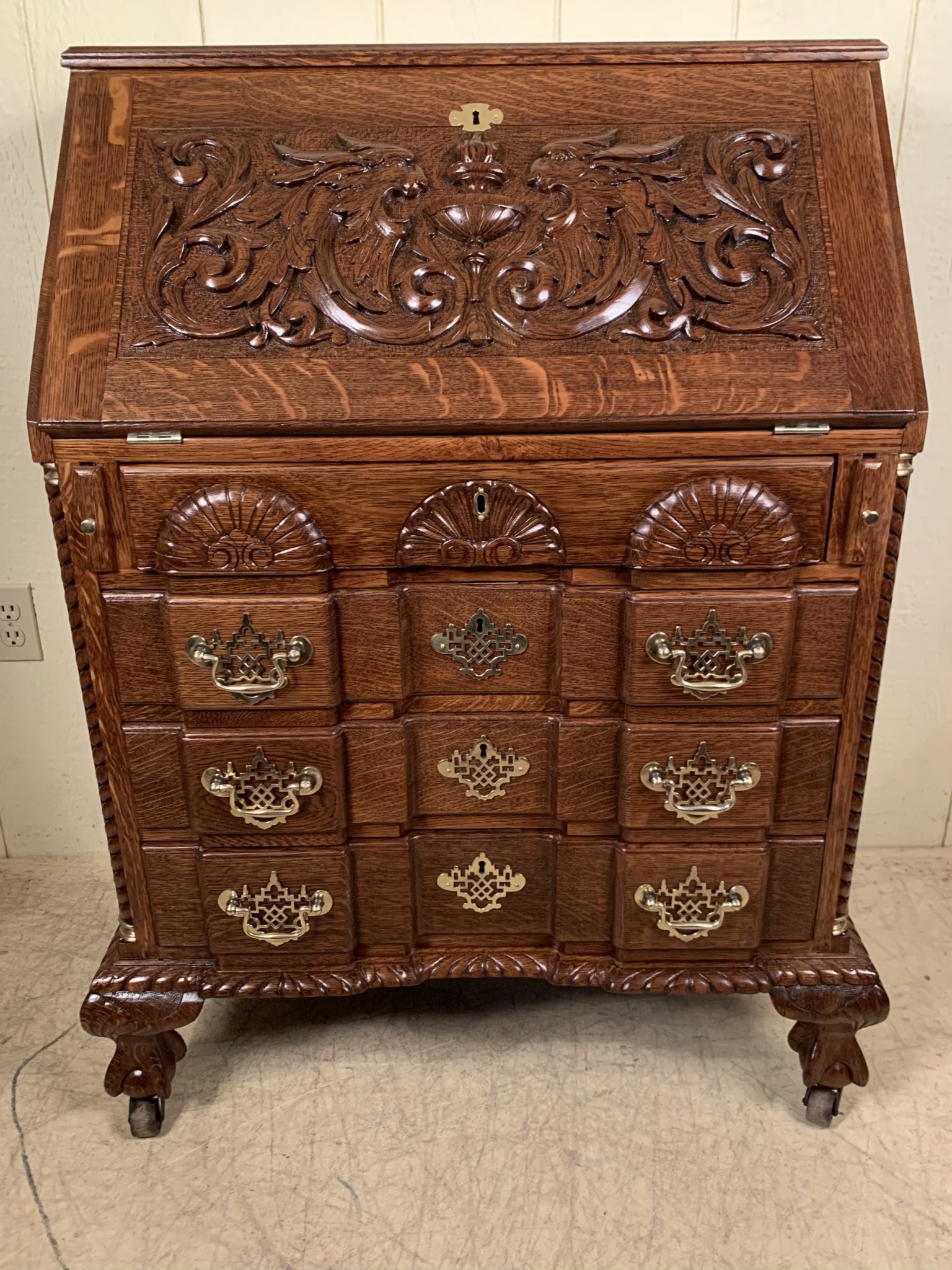 Exceptional Quality Carved Oak Drop Front Desk - Doug Schmitt Antiques