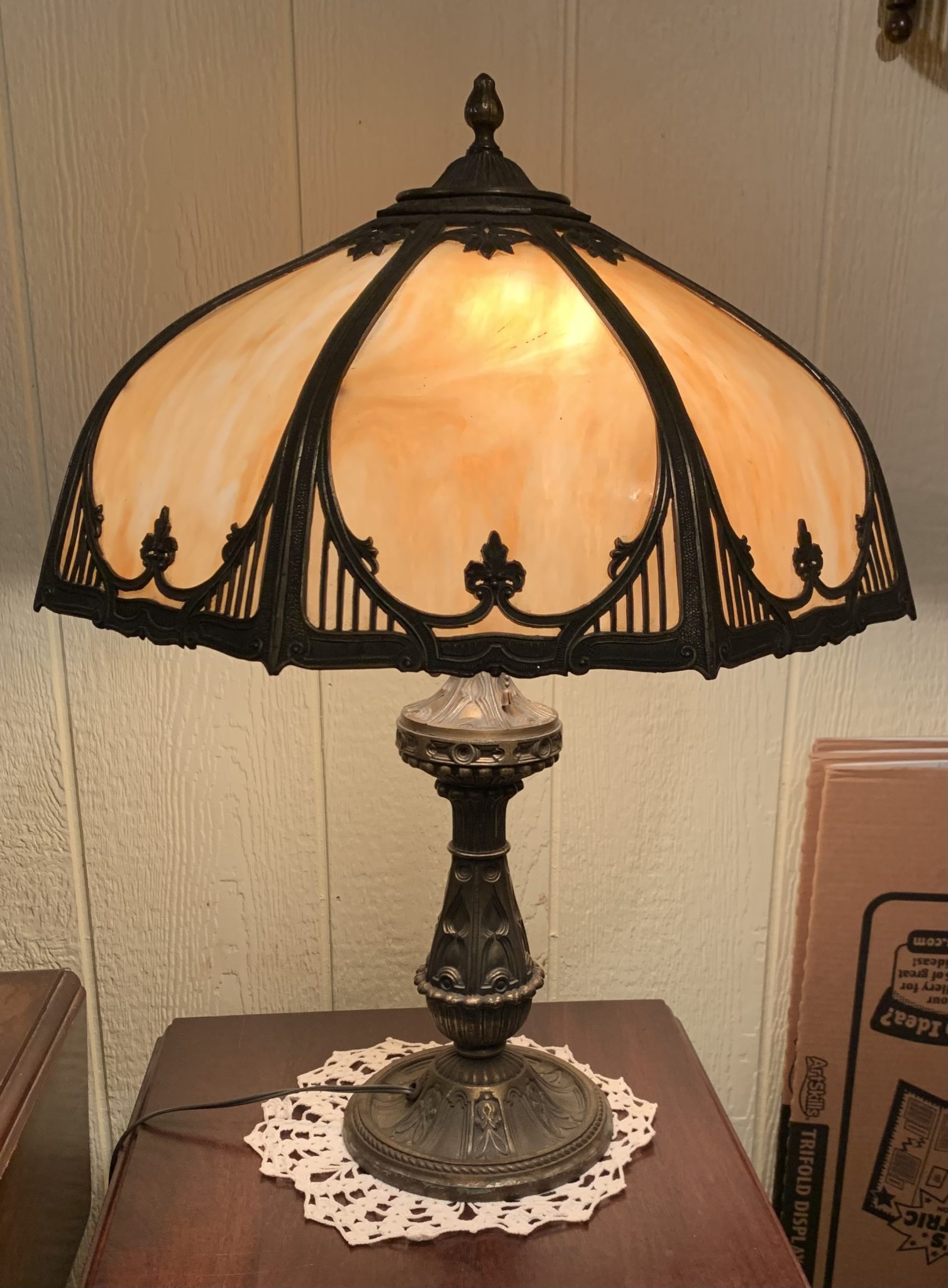 Rare 8-Panel Caramel Slag Glass Lamp, signed Salem Brothers - Doug ...