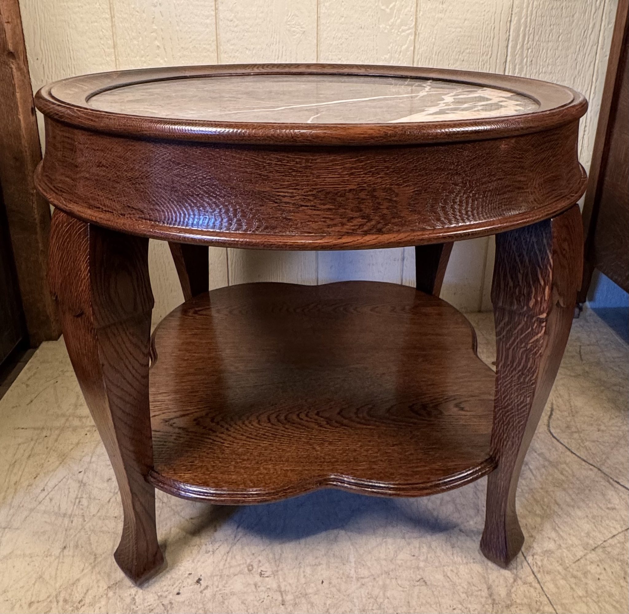 Low Round Oak Lamp Table with Marble Insert - Doug Schmitt Antiques
