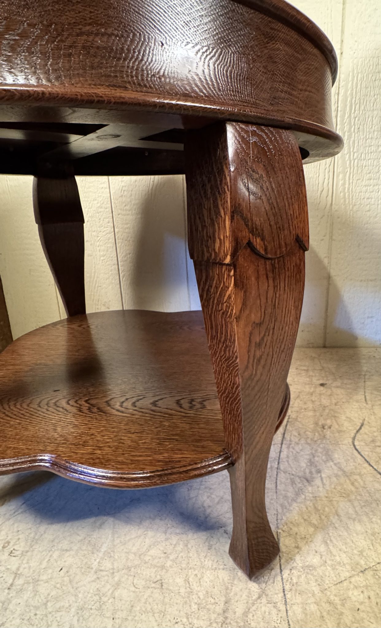 Low Round Oak Lamp Table with Marble Insert - Doug Schmitt Antiques