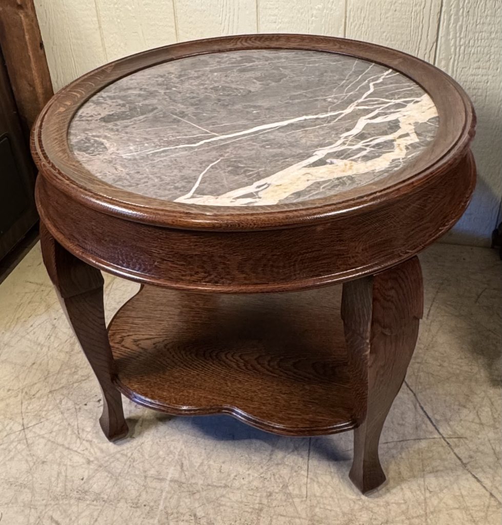 Low Round Oak Lamp Table with Marble Insert - Doug Schmitt Antiques