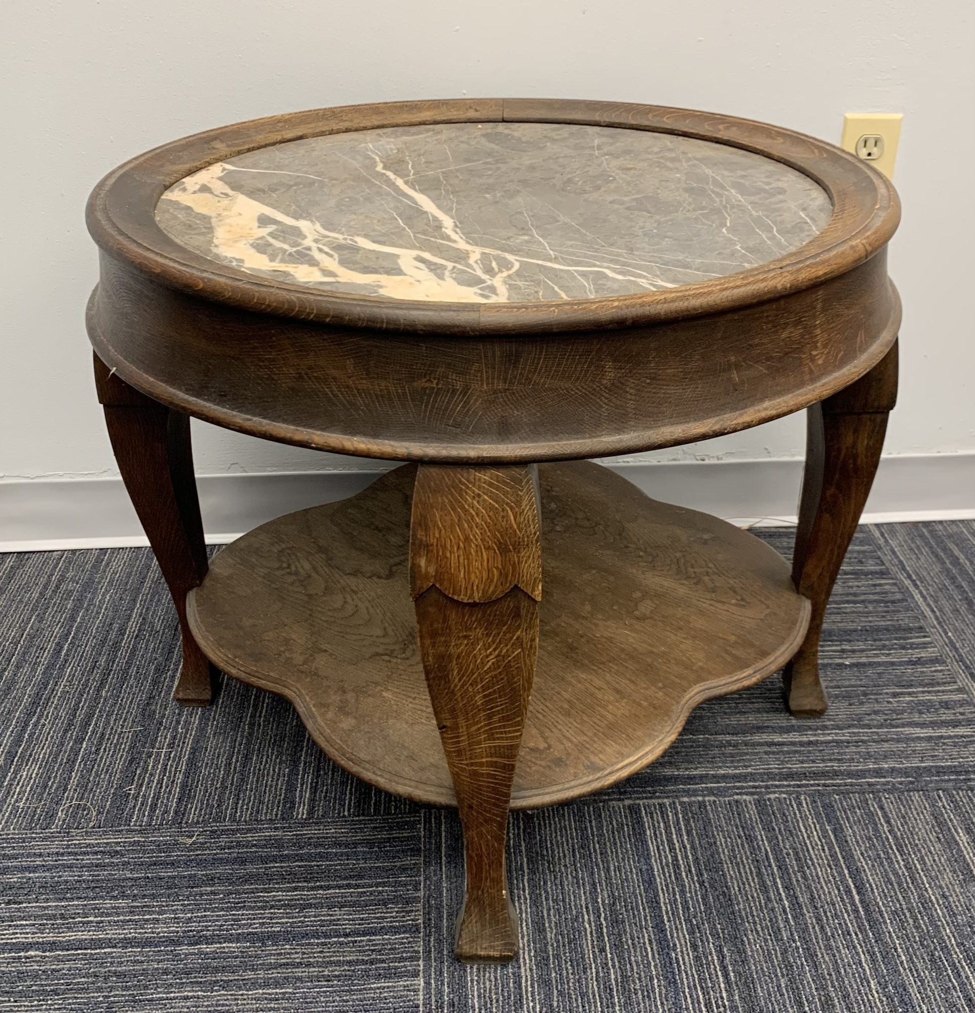 Low Round Oak Lamp Table with Marble Insert - Doug Schmitt Antiques