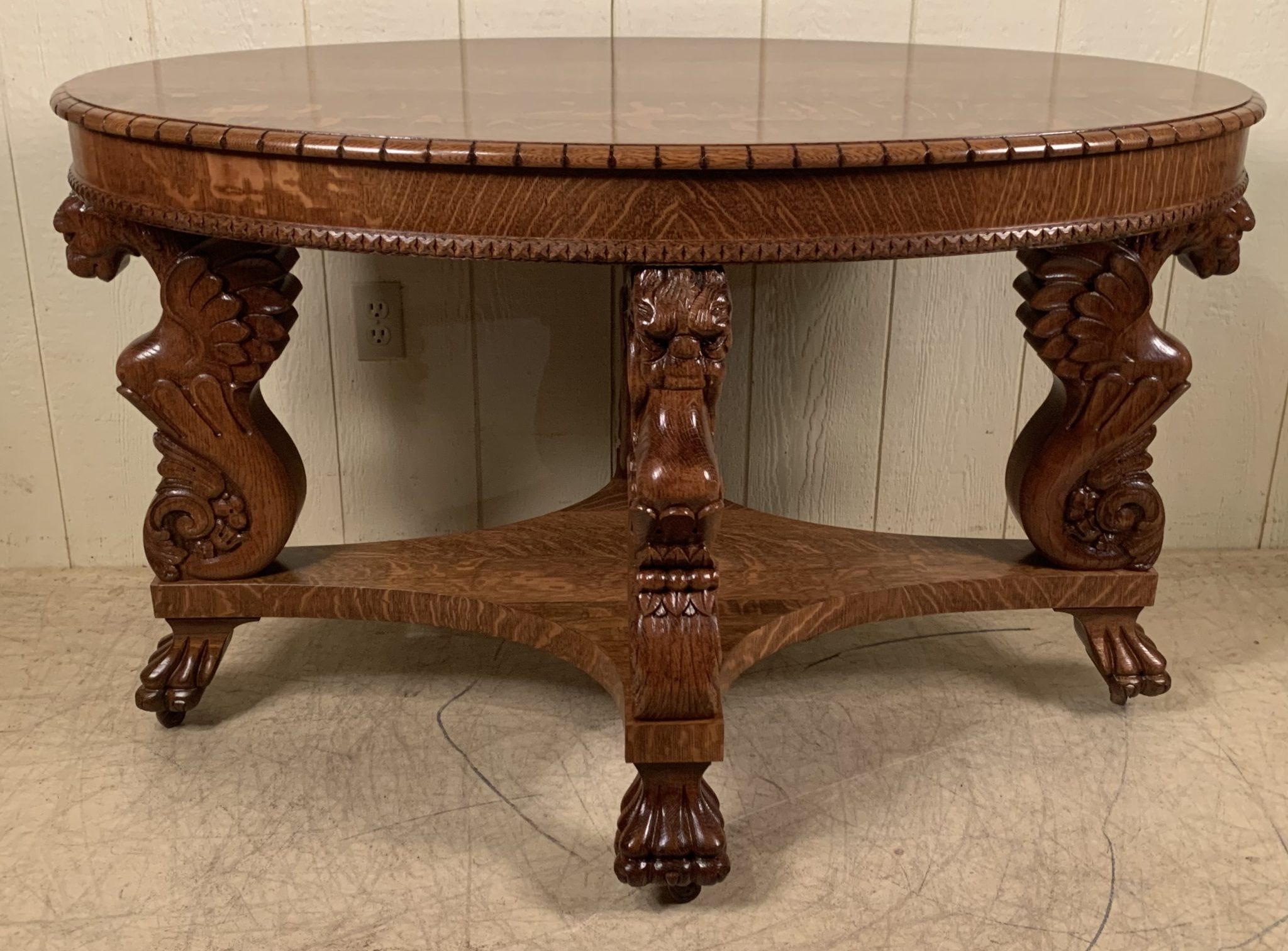 Oval Oak Library Table with full standing griffins - Doug Schmitt Antiques