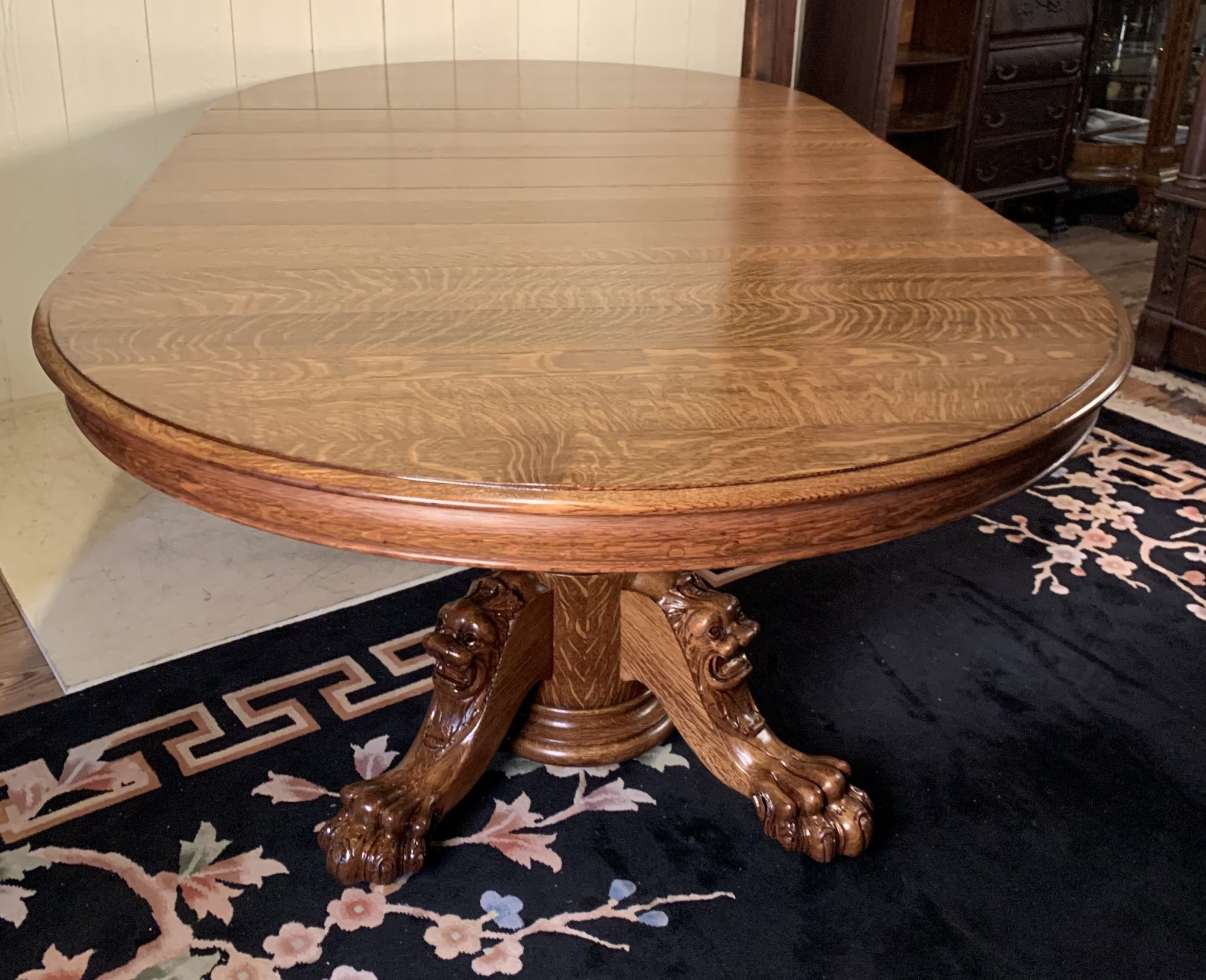 54" Round Oak Hastings Table Co. Lion Head Dining Table with 5 original ...