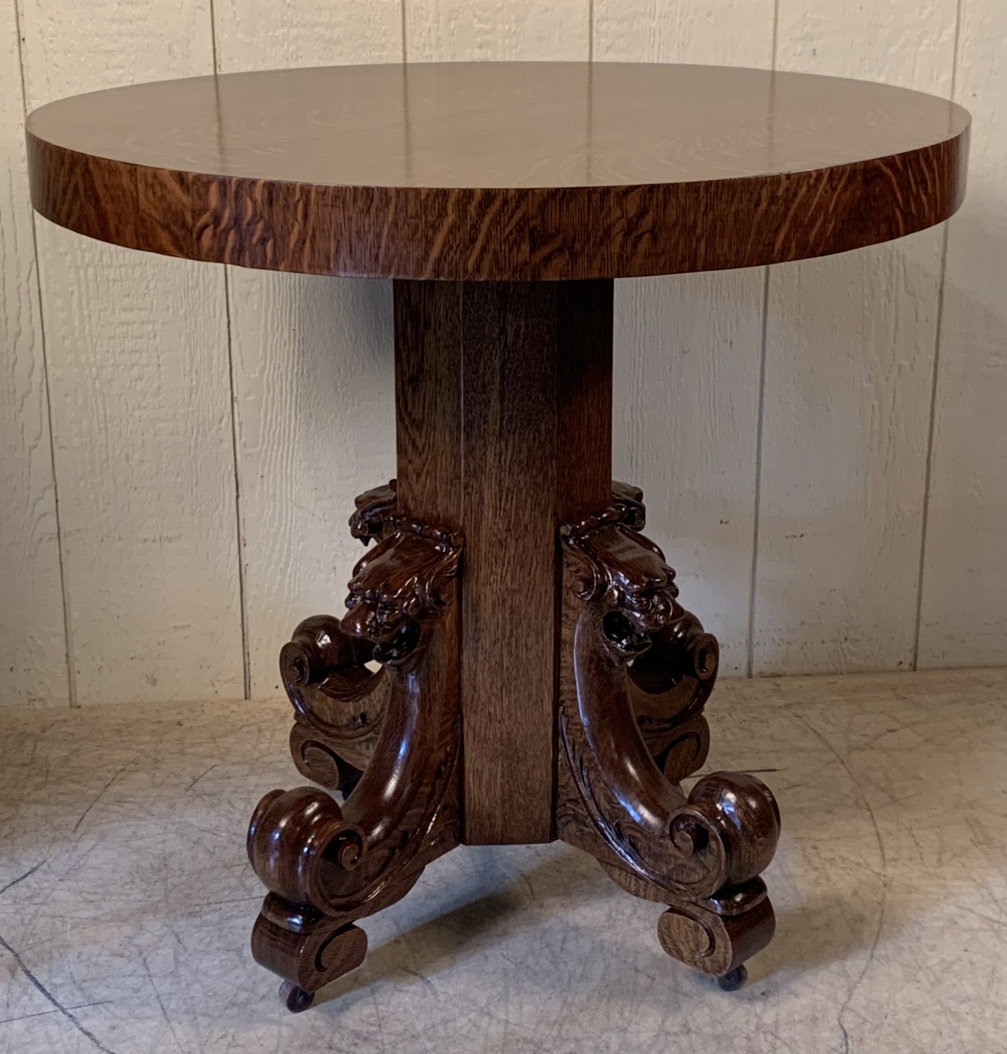 Large Round Oak Parlor Table with lion heads - Doug Schmitt Antiques