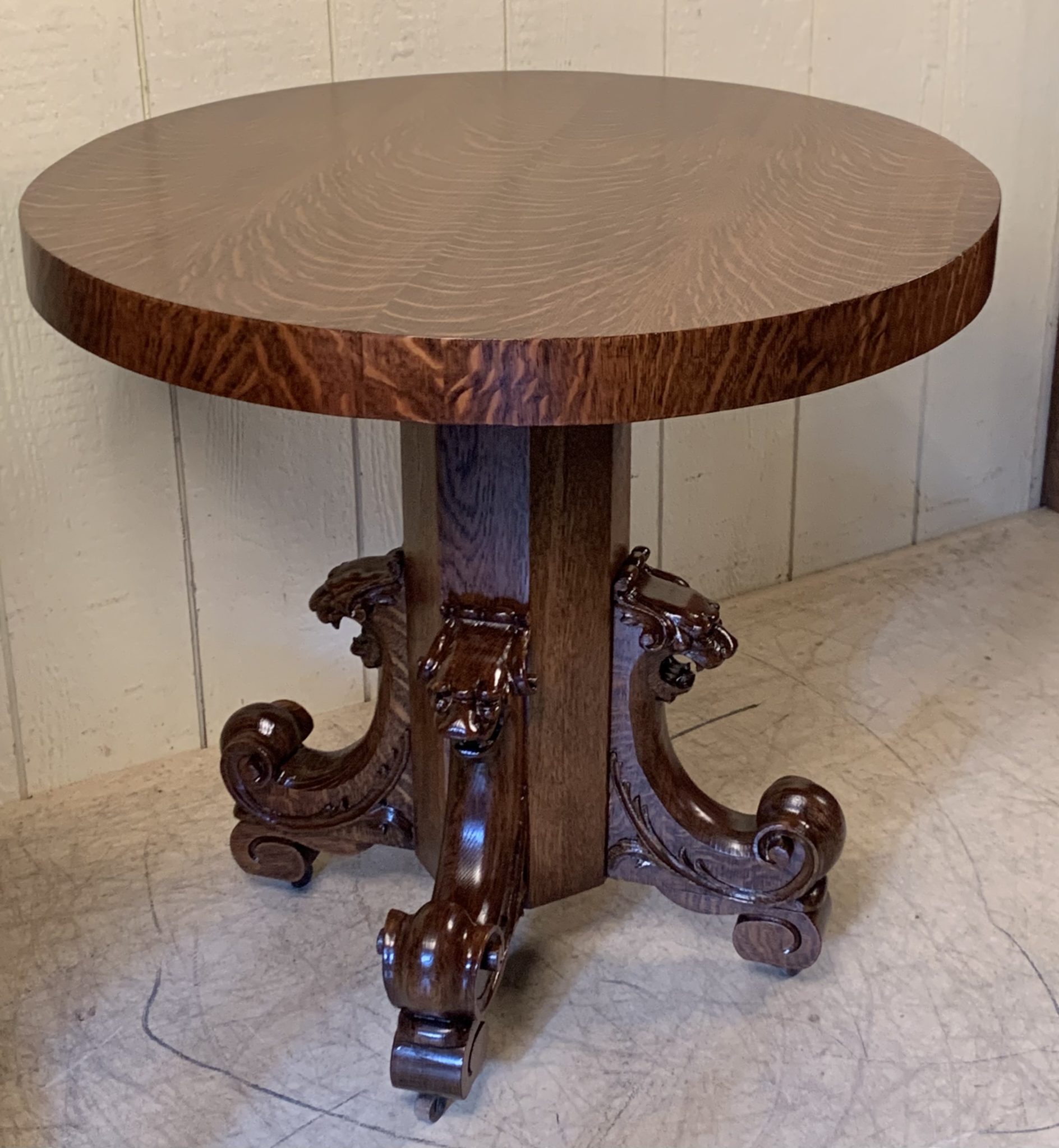 Large Round Oak Parlor Table with lion heads - Doug Schmitt Antiques