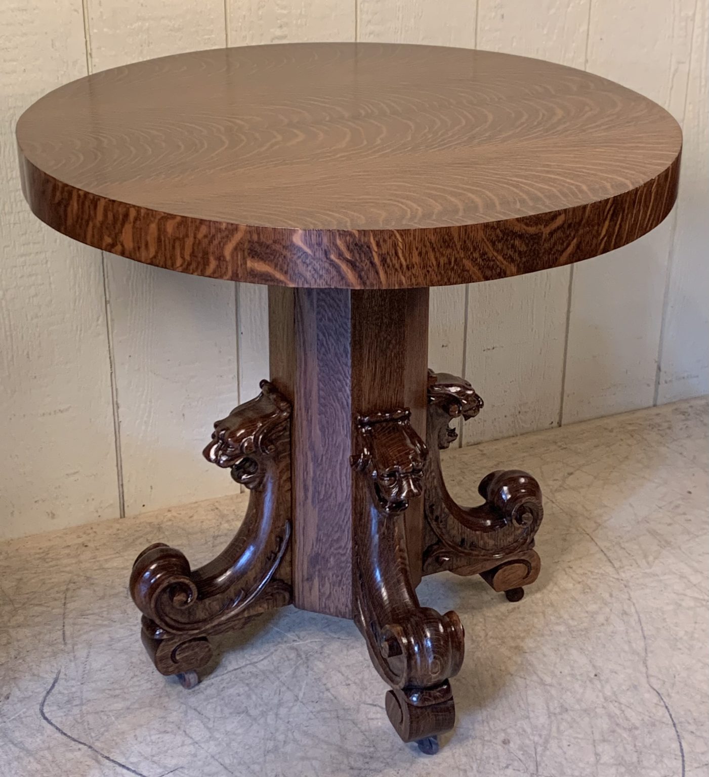 Large Round Oak Parlor Table with lion heads - Doug Schmitt Antiques