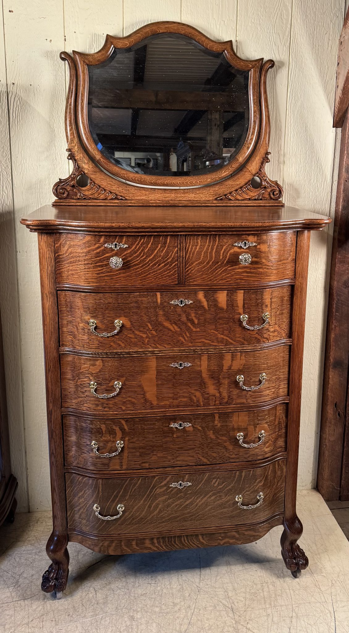 Oak Claw foot Chest of Drawers with mirror - Doug Schmitt Antiques