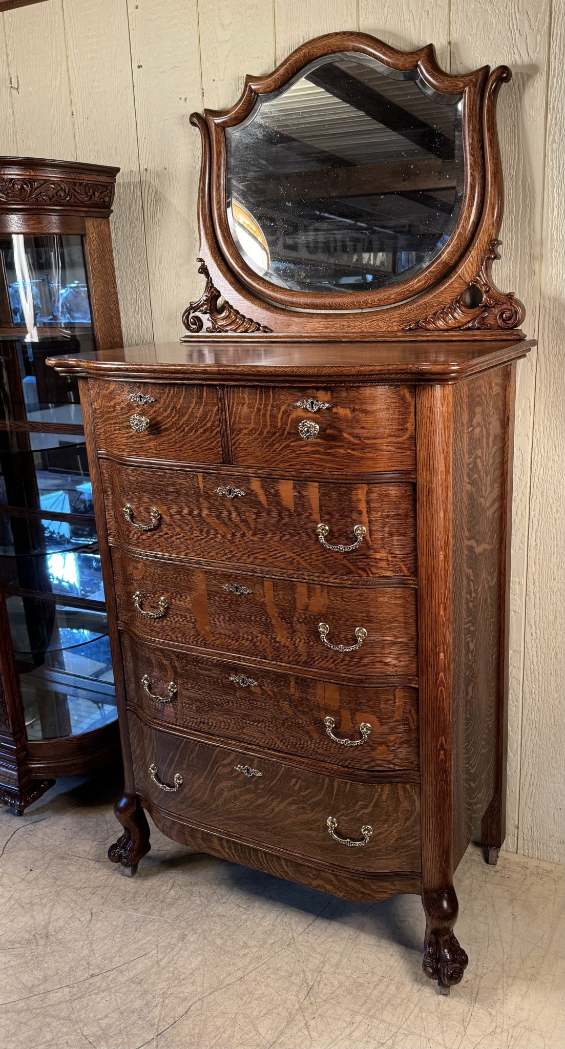 Oak Claw foot Chest of Drawers with mirror - Doug Schmitt Antiques