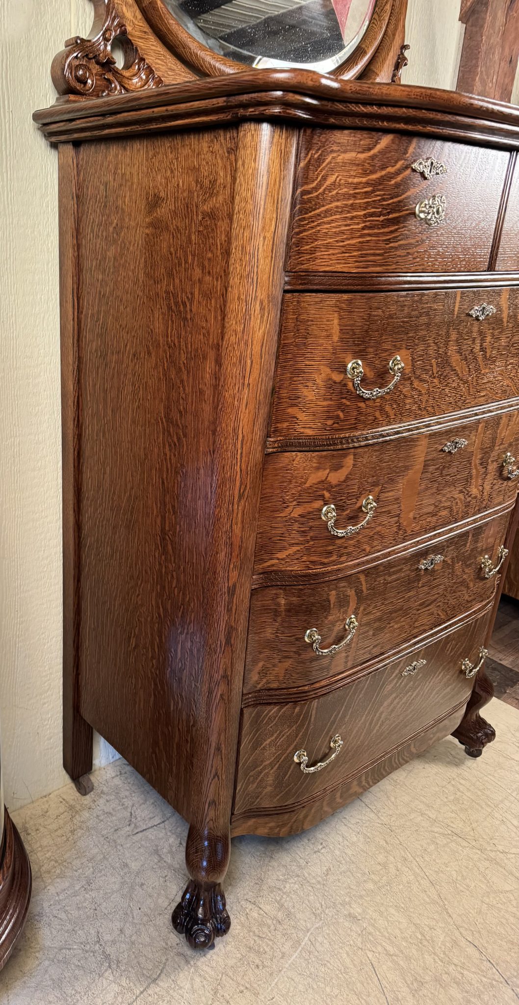 Oak Claw foot Chest of Drawers with mirror - Doug Schmitt Antiques