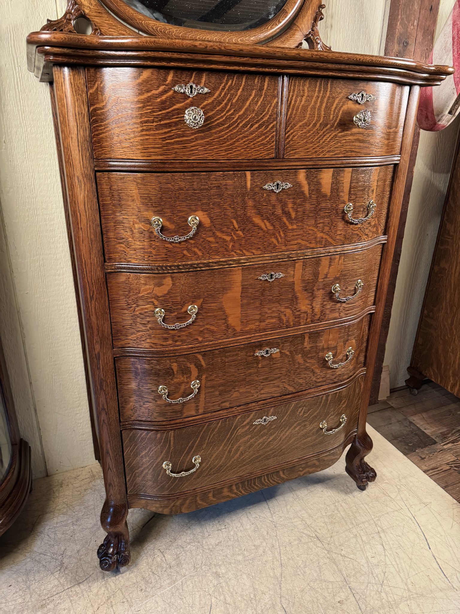 Oak Claw foot Chest of Drawers with mirror - Doug Schmitt Antiques