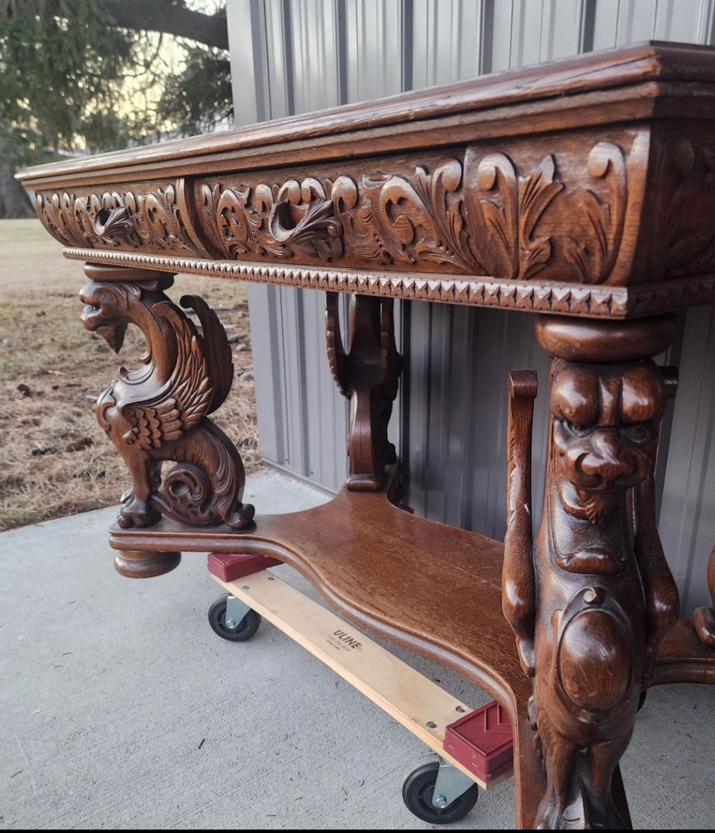 Oak Library Table with Full-Standing Griffins - Doug Schmitt Antiques