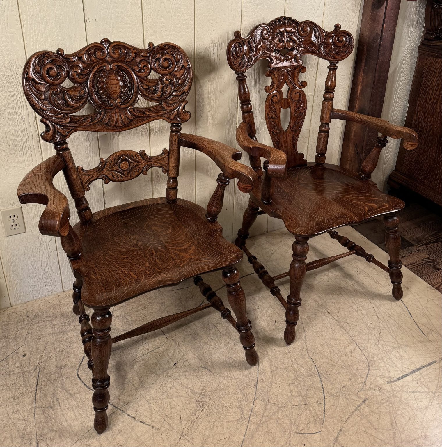 Pair of Carved Quarter-sawn Oak His & Her Chairs - Doug Schmitt Antiques