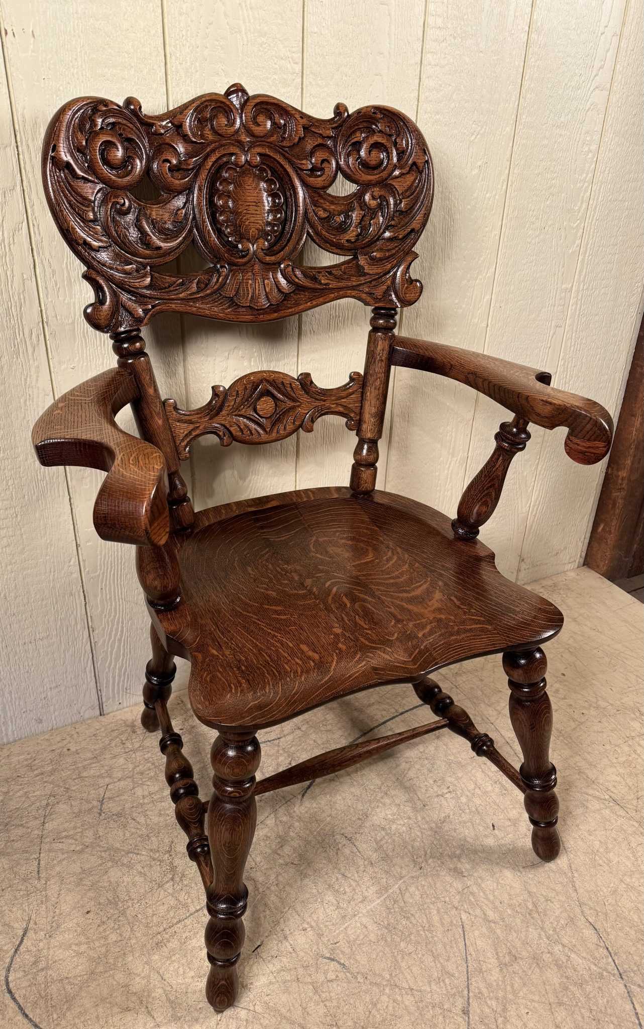 Pair of Carved Quarter-sawn Oak His & Her Chairs - Doug Schmitt Antiques