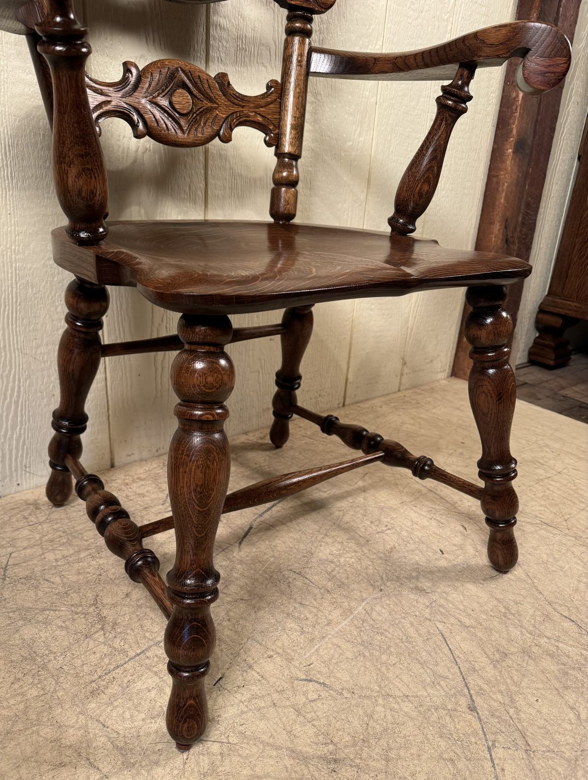 Pair of Carved Quarter-sawn Oak His & Her Chairs - Doug Schmitt Antiques