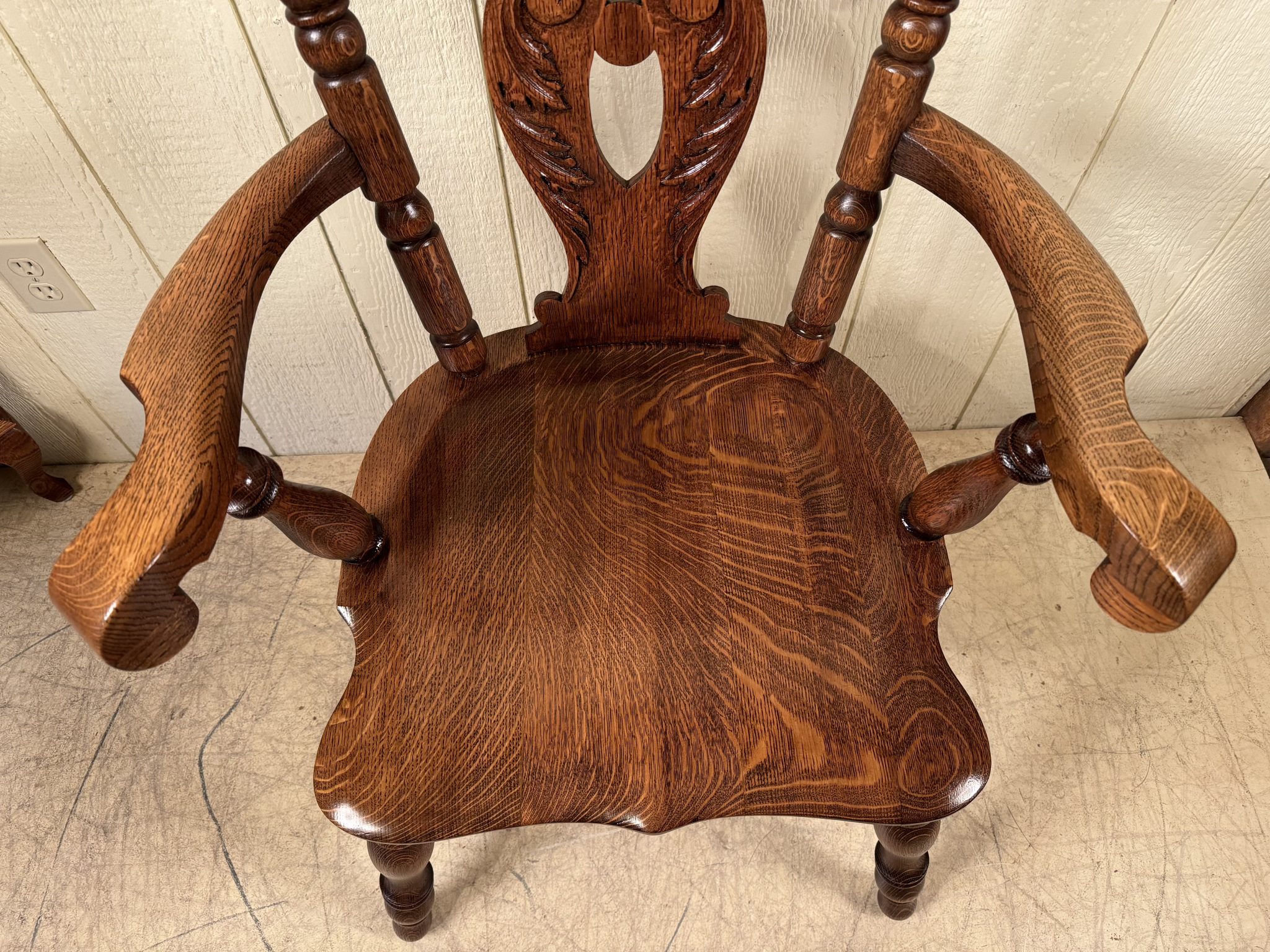 Pair of Carved Quarter-sawn Oak His & Her Chairs - Doug Schmitt Antiques