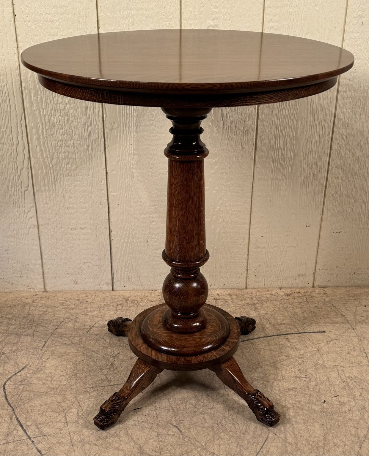 Oak Round Lamp Table with dolphin feet - Doug Schmitt Antiques