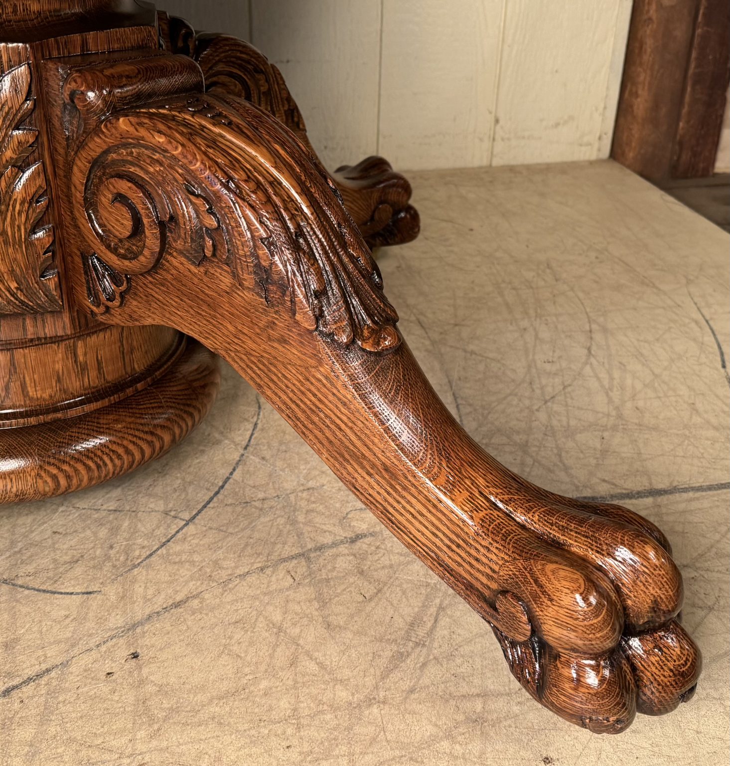 54" Round Oak Claw foot Dining Table with carved apron - Doug Schmitt ...