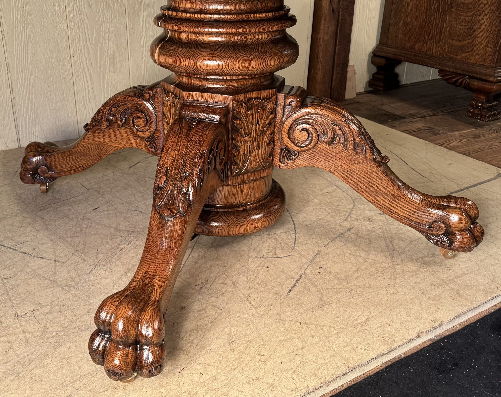 54" Round Oak Claw foot Dining Table with carved apron - Doug Schmitt ...
