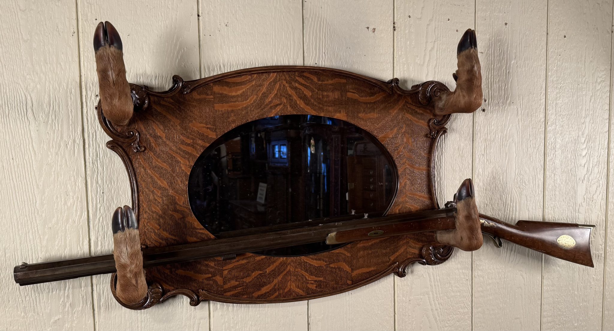 Oak Mirrored Hanging Gun Rack - Doug Schmitt Antiques